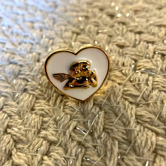 Jewelry | New Super Cute Gold White Enamel Cherub Angel Heart Ring ...
